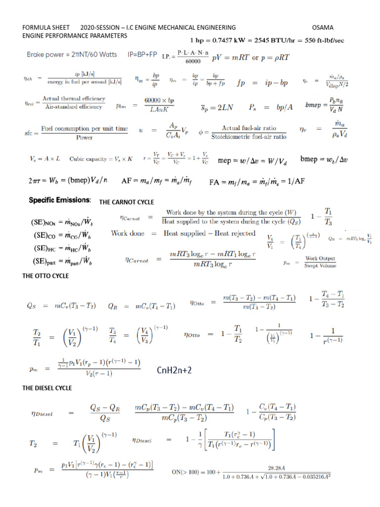 I.C ENGINE Formula Sheet | PDF