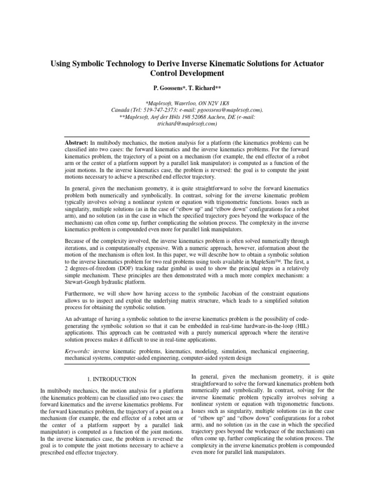 Using Symbolic Technology To Derive Inverse Kinematic Solutions For ...