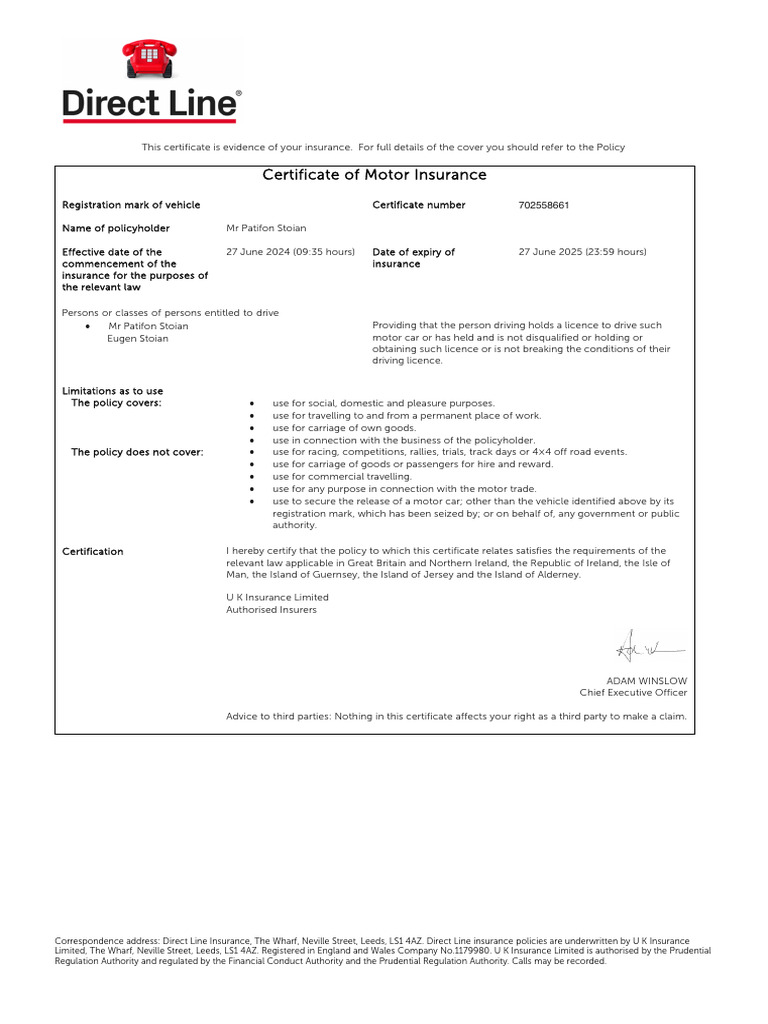 Direct Line Motor Insurance Certificate | PDF | Insurance | Vehicle ...