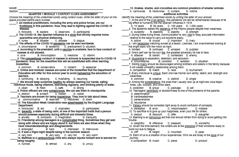 ENGLISH 8 QUARTER 1 MODULE 1 Assessment | PDF | Pandemic | Epidemiology