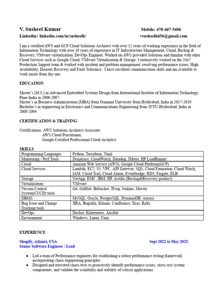 Susheel Kumar - Performance Lead | PDF | Amazon Web Services | Information Technology