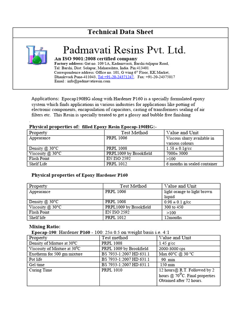 Epocap190HG Alongwith Hardener P160 New | PDF | Epoxy | Viscosity