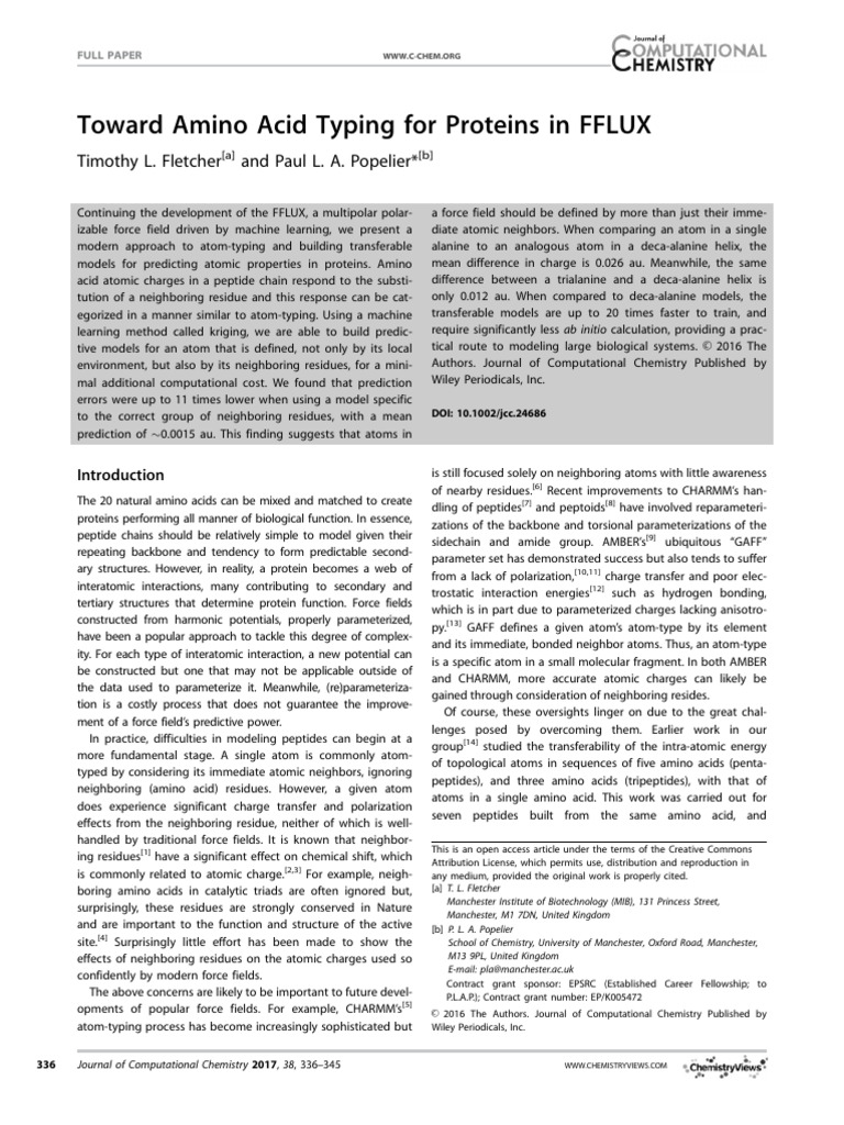 J Comput Chem - 2016 - Fletcher - Toward Amino Acid Typing For Proteins in FFLUX | PDF | Force ...
