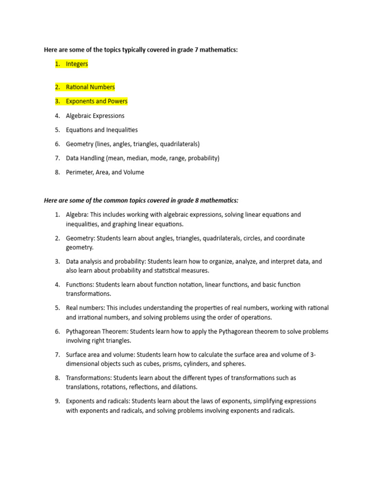 Here Are Some of The Topics Typically Covered in Grade 7 Mathematics ...
