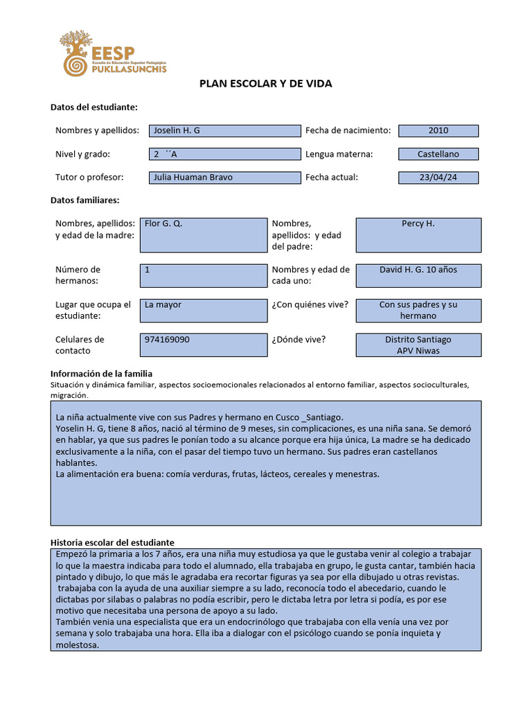 Documento Plan Escolar y de Vida | PDF | Aprendizaje | Maestros