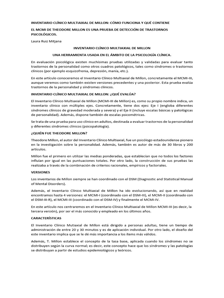 Inventario Clínico Multiaxial de Millon | PDF | Manual Diagnóstico y ...