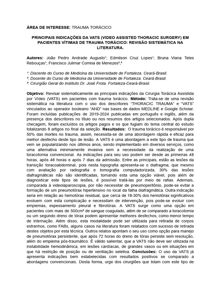 Indicações da VATS em Trauma Torácico | PDF | Análise sistemática ...