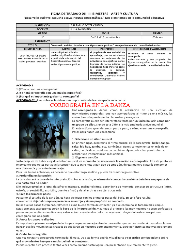 Ficha 6 Coreografia en La Danza... | PDF | Bailes | Canciones