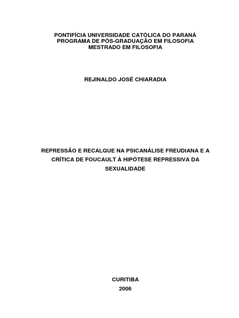 Repressao e Recalque Na Psicanalise Freudiana e A Critica de Focault A ...