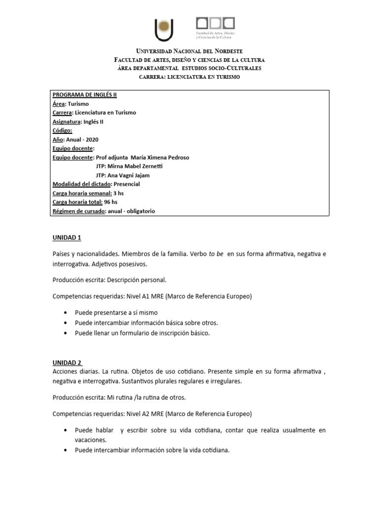 Programa Ingles 2 - Libre - Turismo | PDF | Lingüística