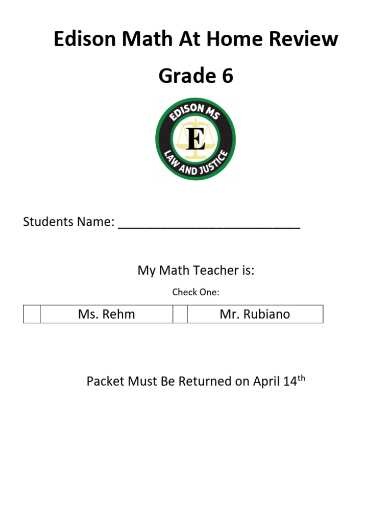 Edison at HOME 6th Grade Math | PDF | Multiplication | Numbers