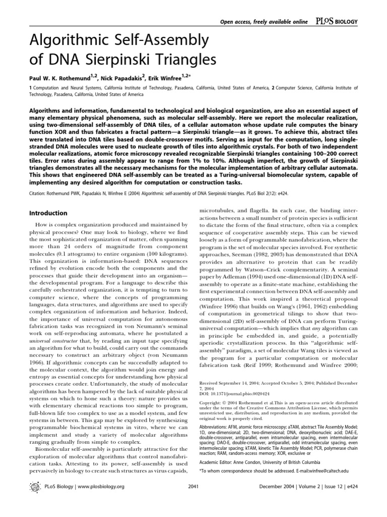 Paul W. K. Rothemund, Nick Papadakis and Erik Winfree - Algorithmic ...