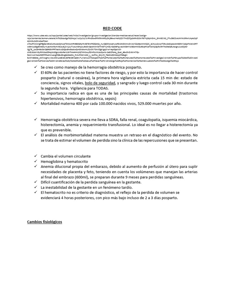 Protocolo Código Rojo en Hemorragia Obstétrica | PDF | Periodo posparto ...