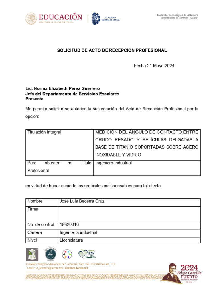 Solicitud Acto de Recepcion Profesional | PDF | Ingeniería