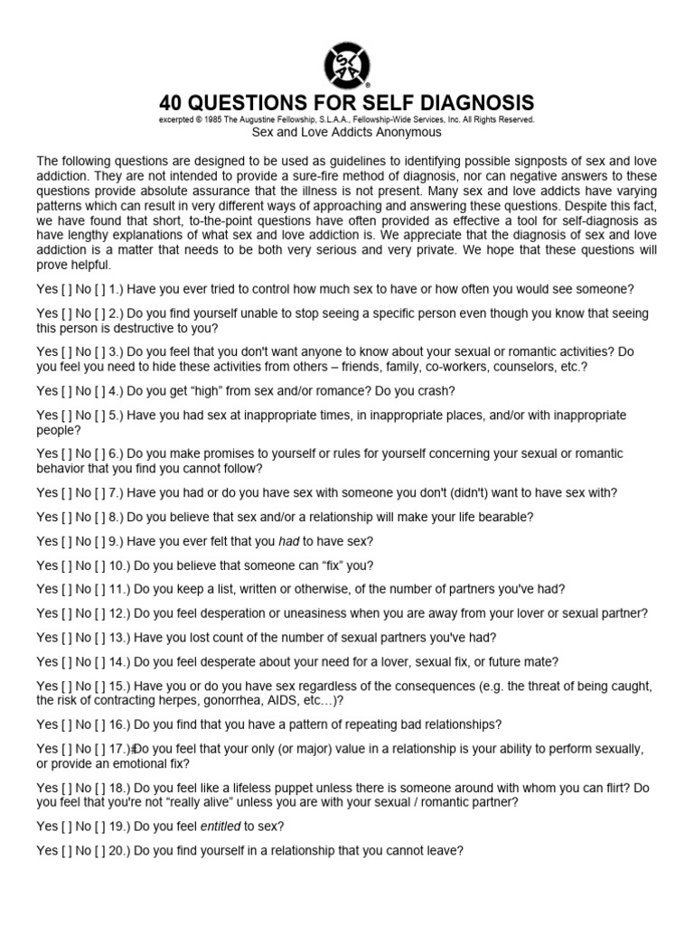 The 40 Questions of SLAA | PDF | Human Sexual Activity | Psychology