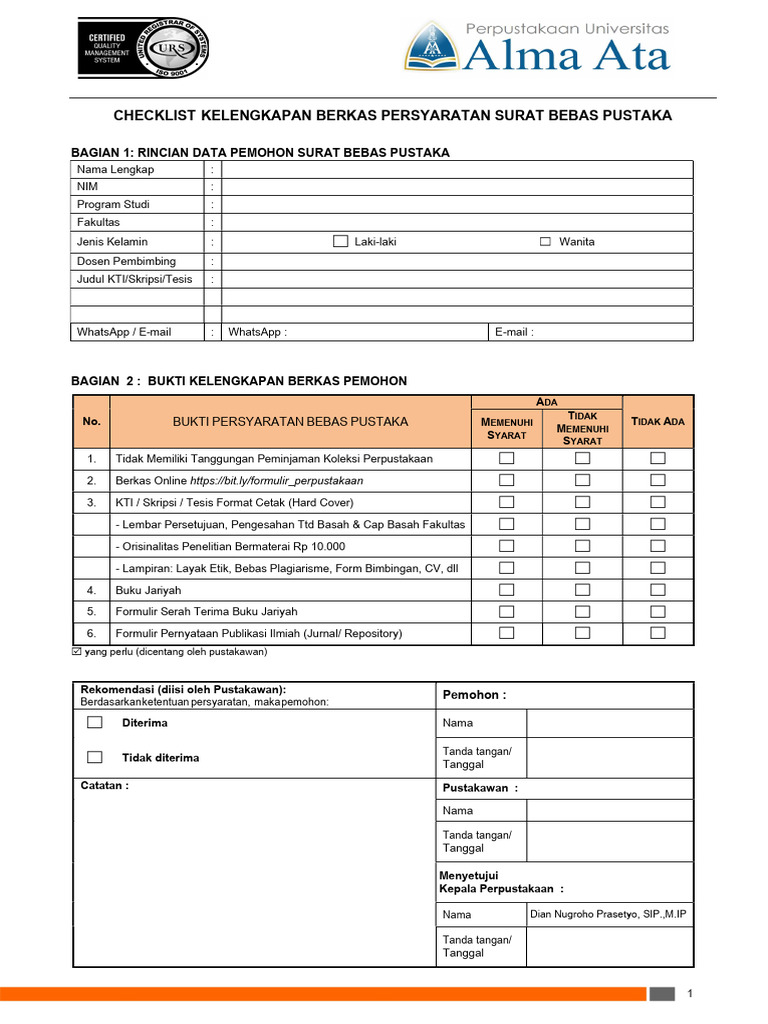 Checklist Persyaratan Bebas Pustaka | PDF