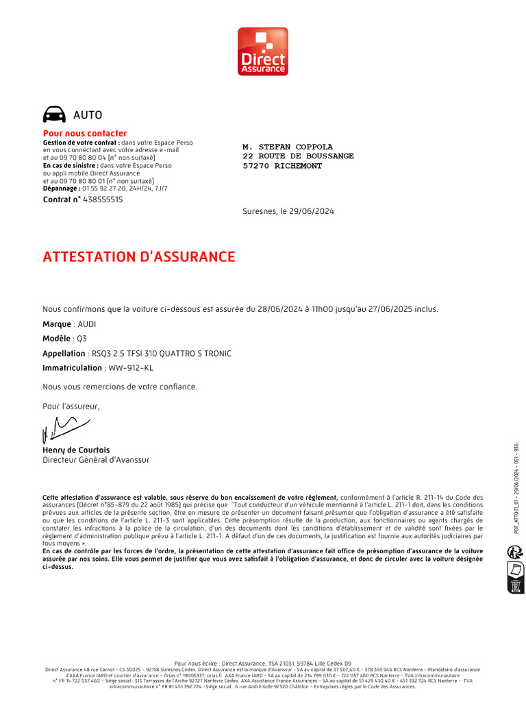 Attestation d'assurance voiture 2024 | PDF | Assurance | Économie
