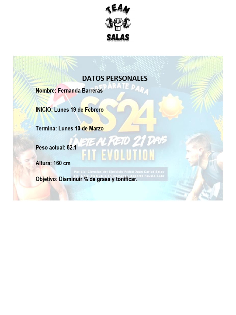 Plan de Entrenamiento Fernanda Barreras (RETO FIT EVOLUTION) 2 | PDF ...