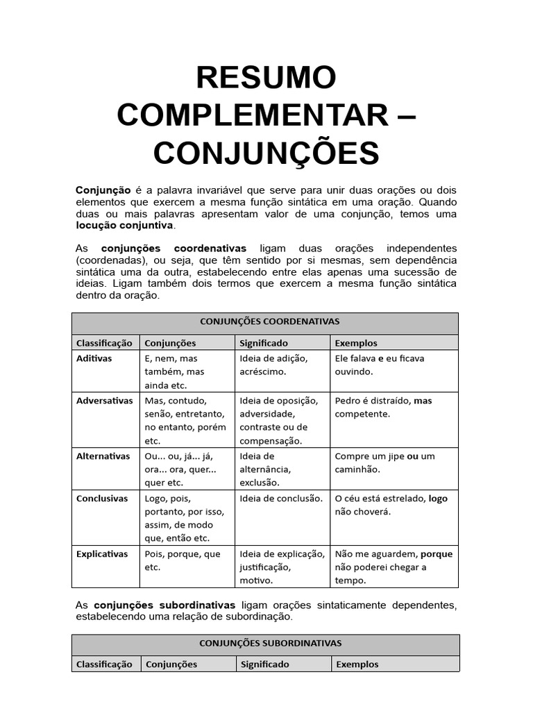 9ano Material Complementar Conjuncoes | PDF | Mecânica da linguagem | Gramática