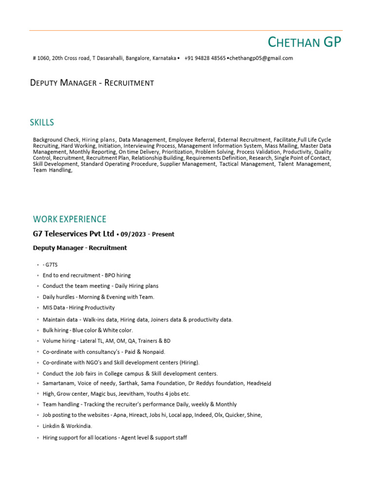 Chethan - CV Updated1 | PDF | Recruitment | Human Resources