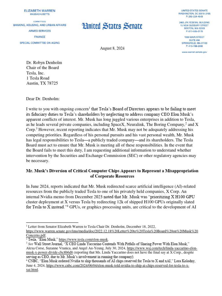 Warren Letter To Tesla Board Re Musk Conflicts of Interest | PDF | Elon ...