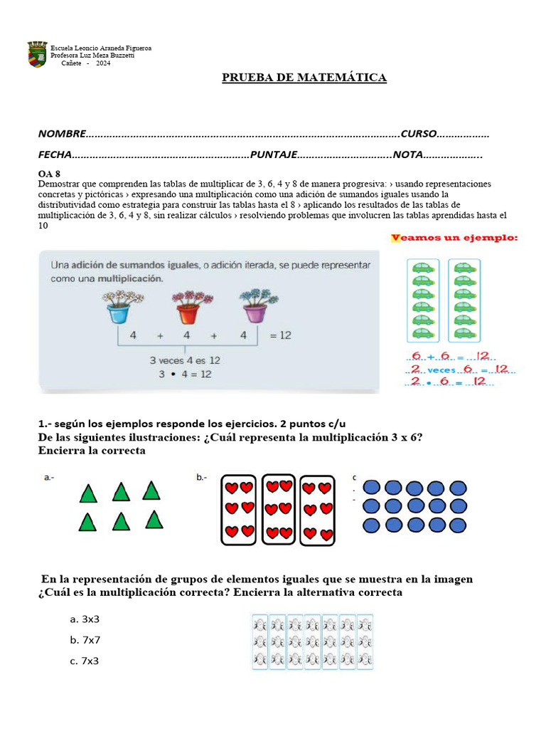 Escuela Leoncio Araneda Figueroa Prueba Multiplicación | PDF