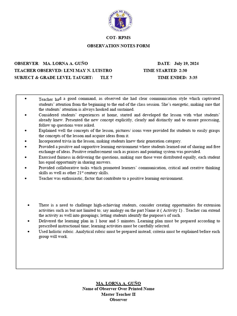 TLE 7 Classroom Observation Report | PDF | Learning | Teachers
