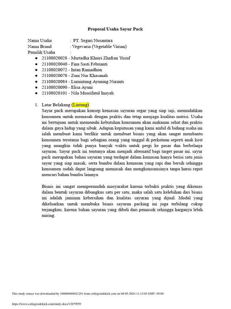 Kel. 5 Rencana Usaha Sayur Pack PDF | PDF