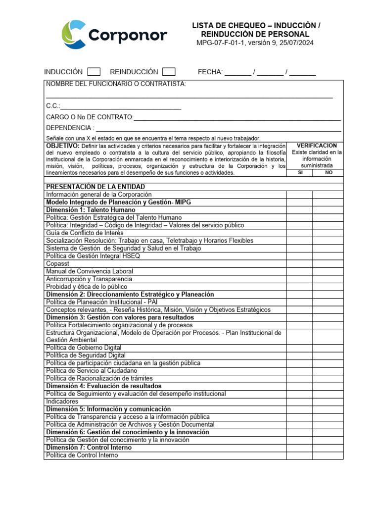 MPG 07 F 01 1 Lista Chequeo Induccion Reinduccion v9 2024 | PDF | Planificación | Business