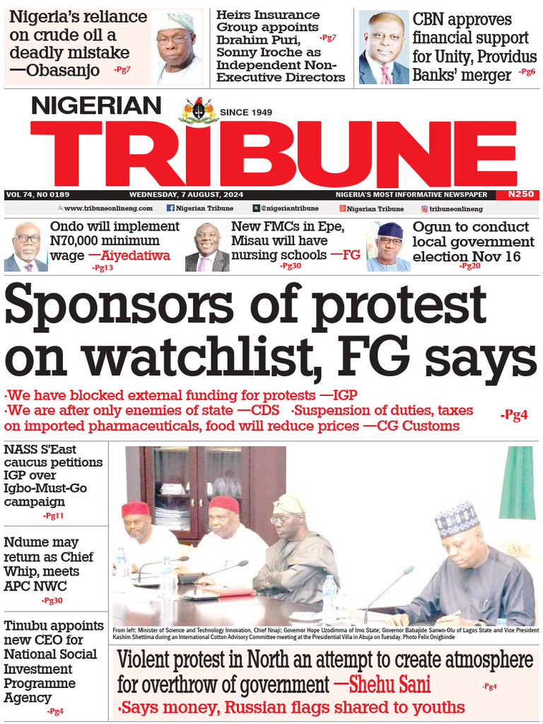 Nigerian TRIBUNE Wed 7 Aug, 2024 | PDF | Nigeria | Lawsuit
