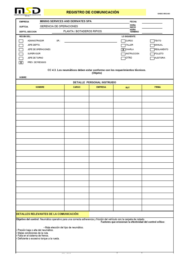 Registro de Comunicación: Gerencia de Operaciones Planta / Botaderos ...