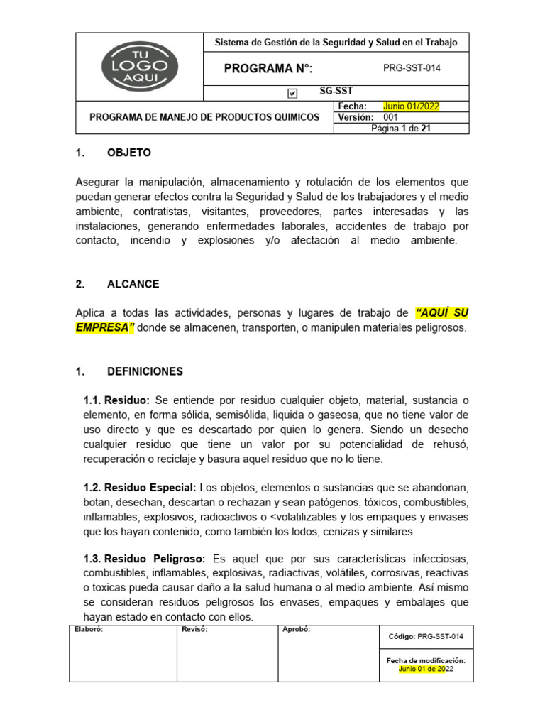 PRG-SST-014 Programa de Manejo de Productos Quimicos | PDF | Residuos ...
