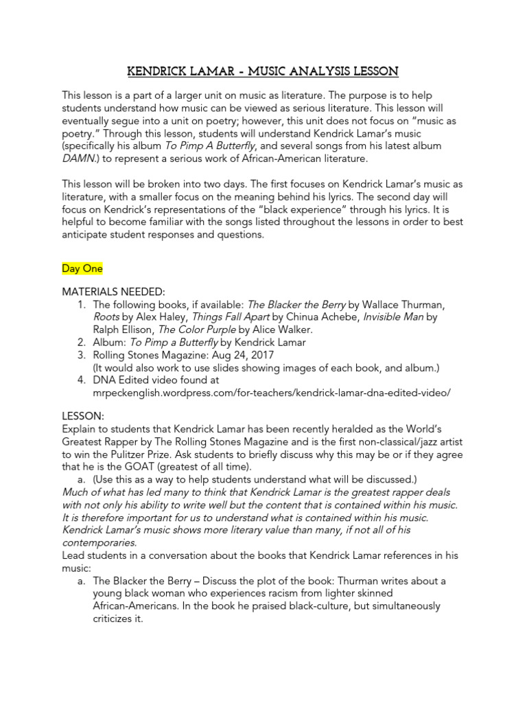Kendrick Lamar: Music as Literature Analysis | PDF | General Fiction