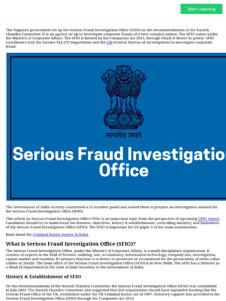 Serious Fraud Investigation Office UPSC Notes - SFIO UPSC PDF | PDF