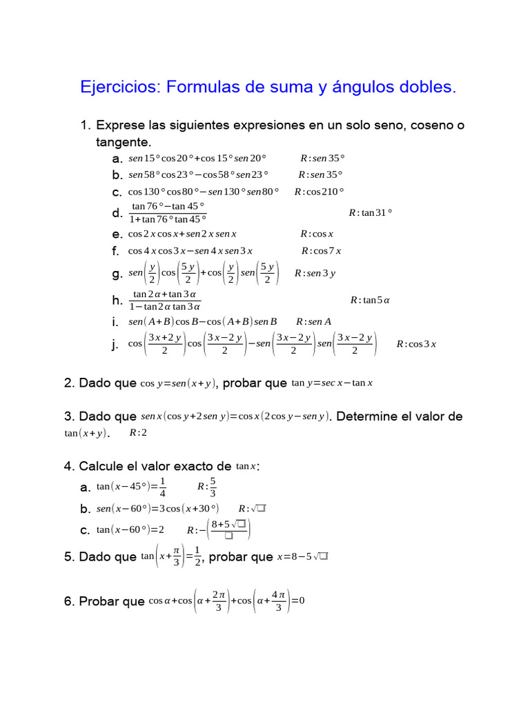 Ejercicios - Formulas de Suma y Ángulos Dobles | PDF | Conceptos matemáticos | Geometría