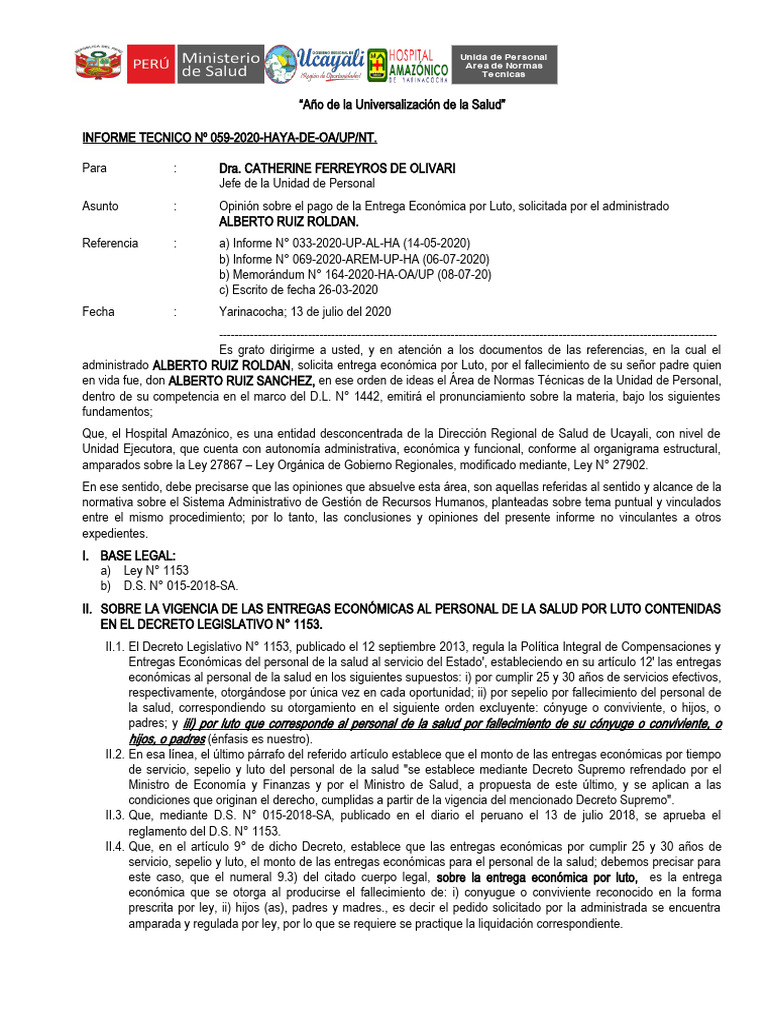 Informe Tecnico #059-2020 - Opinion Sobre El Pago de Luto de Alberto Ruiz Roldan | PDF | Gobierno