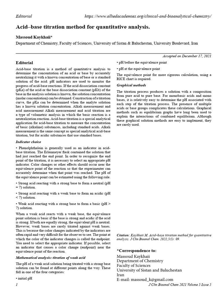 Acidbase Titration Method For Quantitative Analysis | PDF | Titration | Chemistry