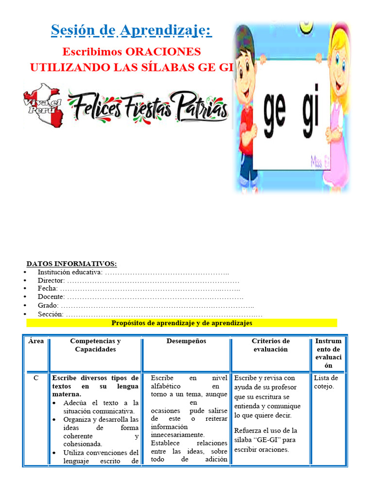 1° Sesión Día 1 Escribimos Oraciones Utilizando Las Sílabas Ge Gi | PDF ...