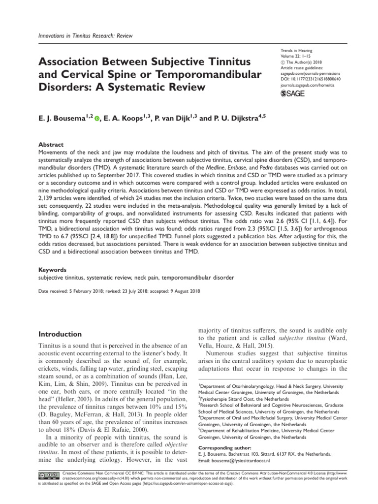Association Between Subjective Tinnitus and Cervical Spine or Temporomandibular Disorders: A ...