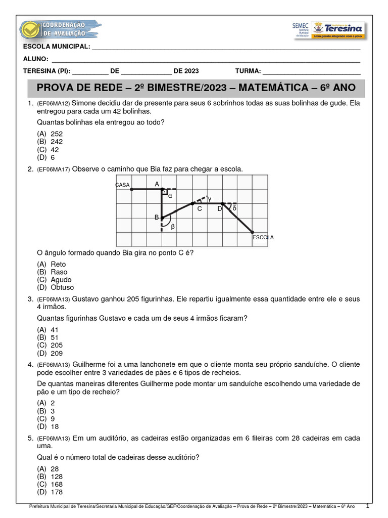 PROVA DE REDE 6º ANO - 2º BIM-2023 - MAT - Ok | PDF | Raiz quadrada