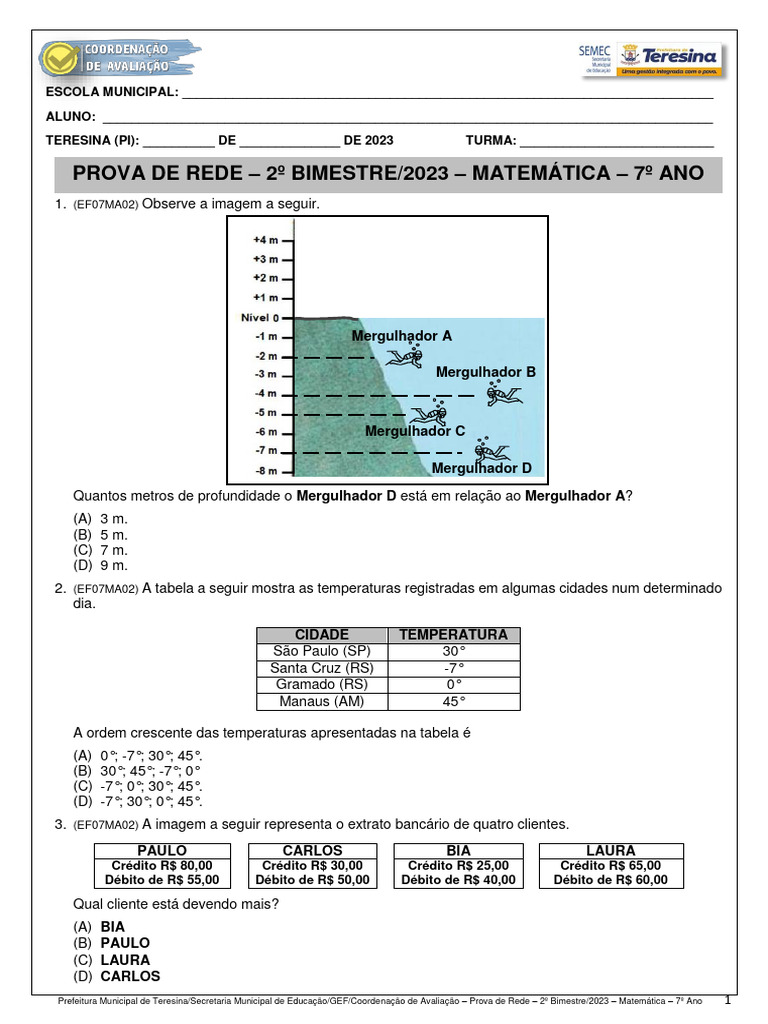 PROVA DE REDE 7º ANO - 2º BIM-2023 - MAT - Ok | PDF