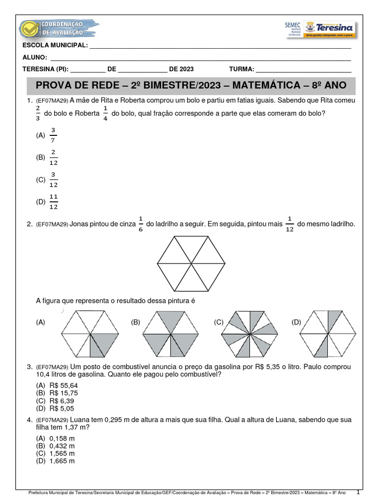 PROVA DE REDE 8º ANO__2º BIM-2023 - MAT - ok | PDF | Polígono | Triângulo