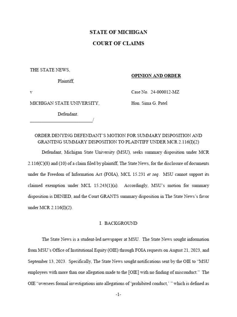 The State News v. MSU Opinion and Order 24.08.08 | PDF | Summary ...