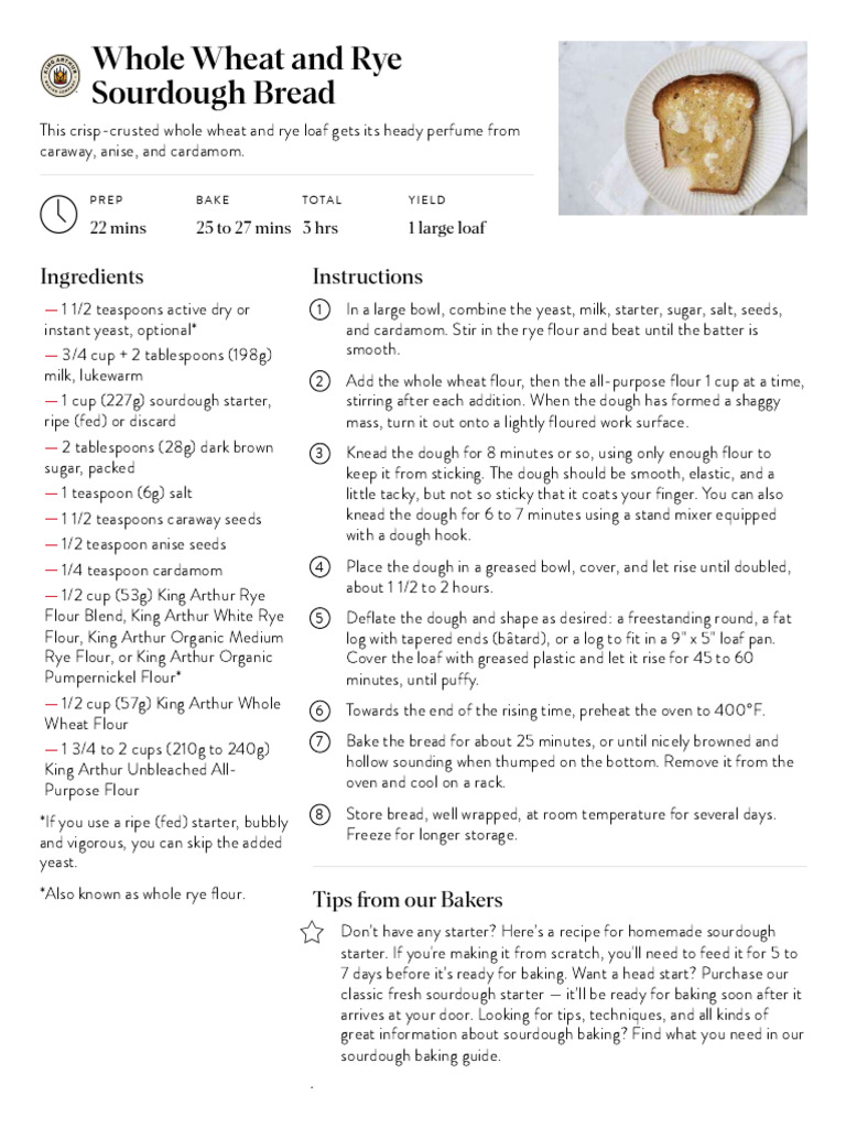 Whole Wheat and Rye Sourdough Bread Recipe - King Arthur Baking | PDF | Dough | Sourdough