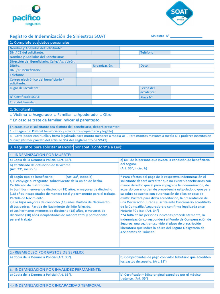 FORMATO - Registro de Indemnización de Siniestros SOAT 2024 | PDF | Documento de identidad