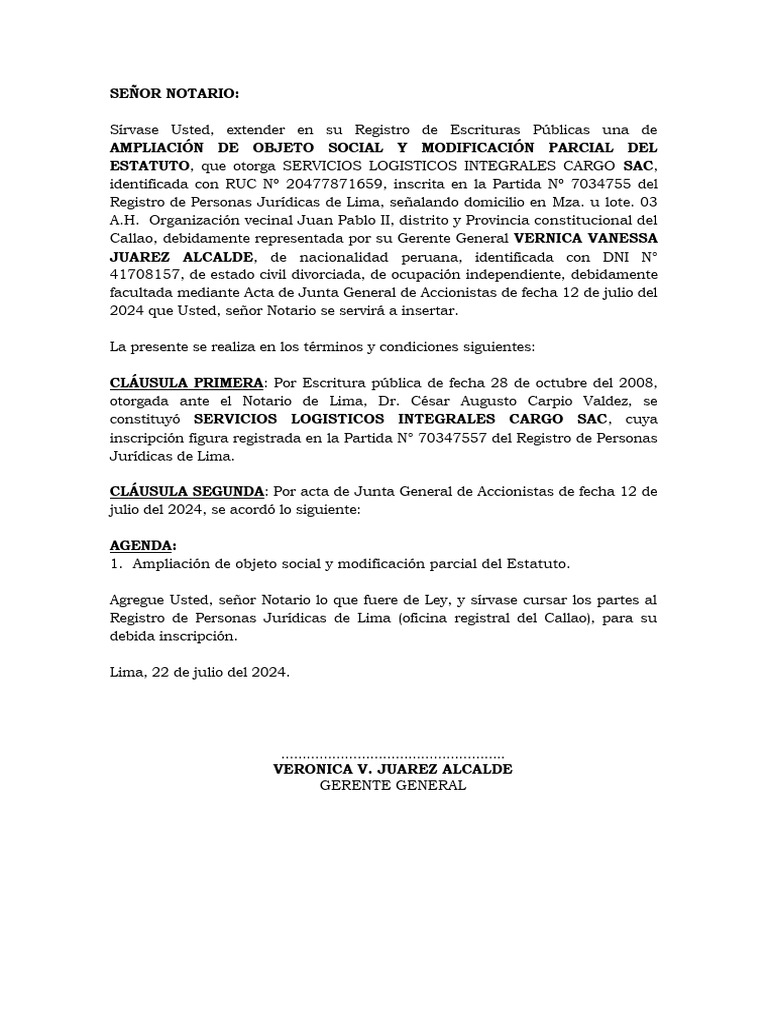 Minuta y Acta de Ampliación de Objeto Social HOLZA. | PDF | Sociedad de ...