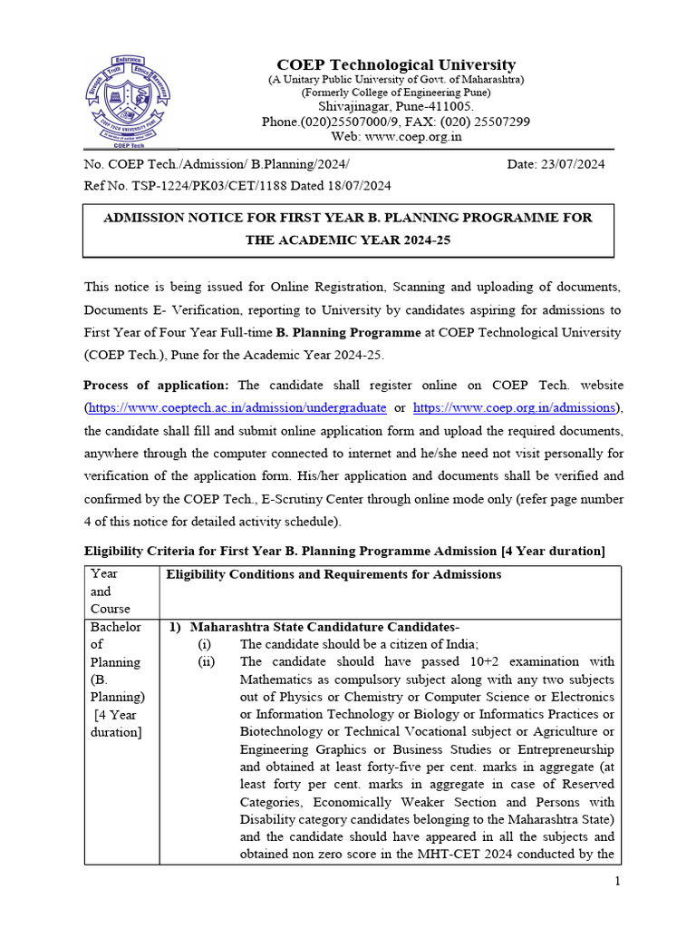 Notification For B. Planning Admission 2024 25 | PDF | Business