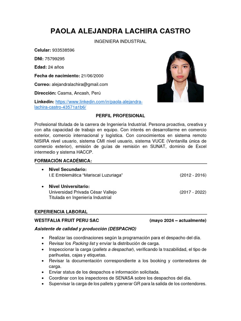 Paola Alejandra Lachira Castro - CV | PDF | Análisis de Riesgo y Puntos Críticos de Control ...