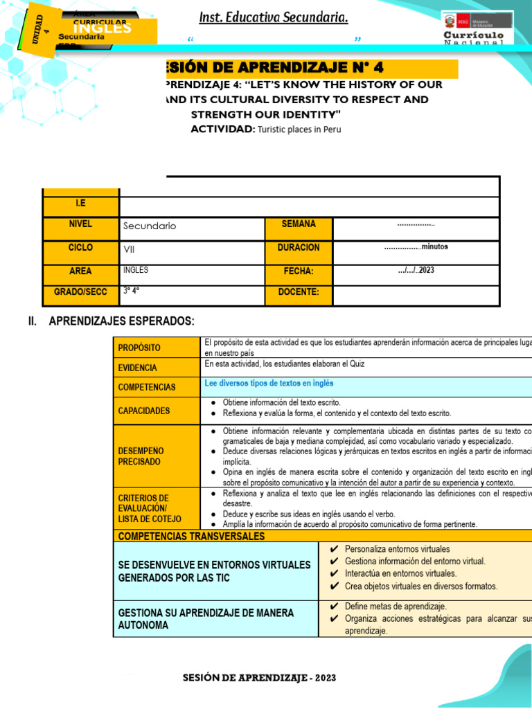 3°4° Ses Act 04-Ingles-U4 | PDF | Aprendizaje | Evaluación