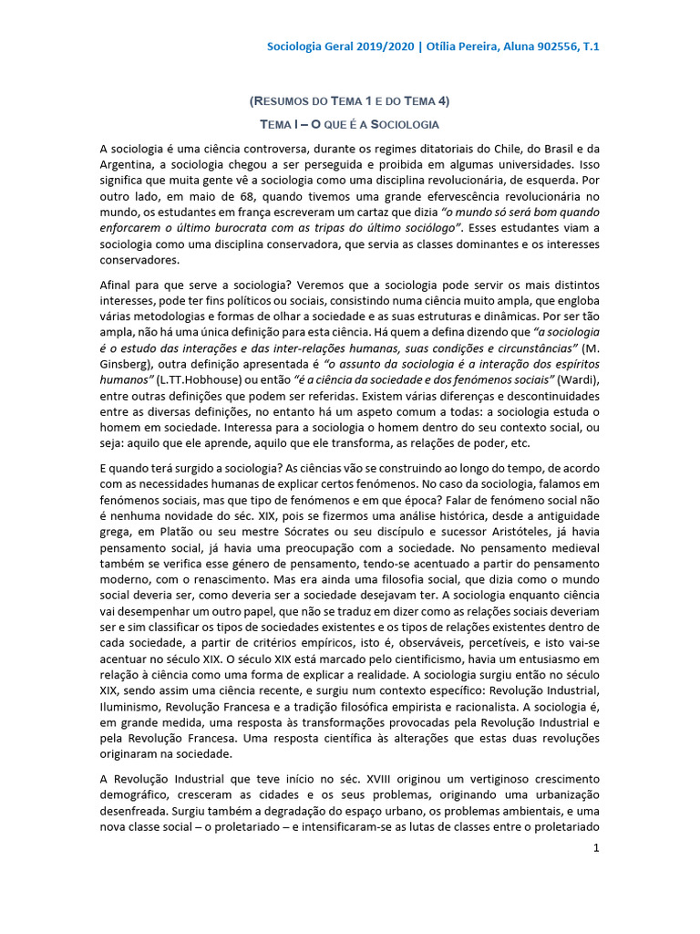 Resumos Sociologia Geral - Tema 1 e Tema 4 | PDF | Sociologia | Science